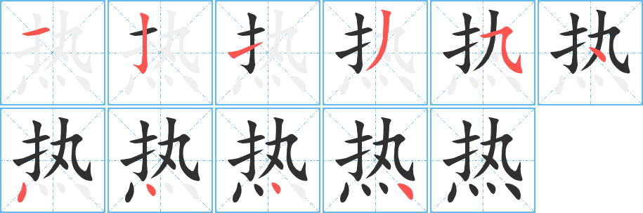 热字笔画、笔顺、笔划 - 热字怎么写?